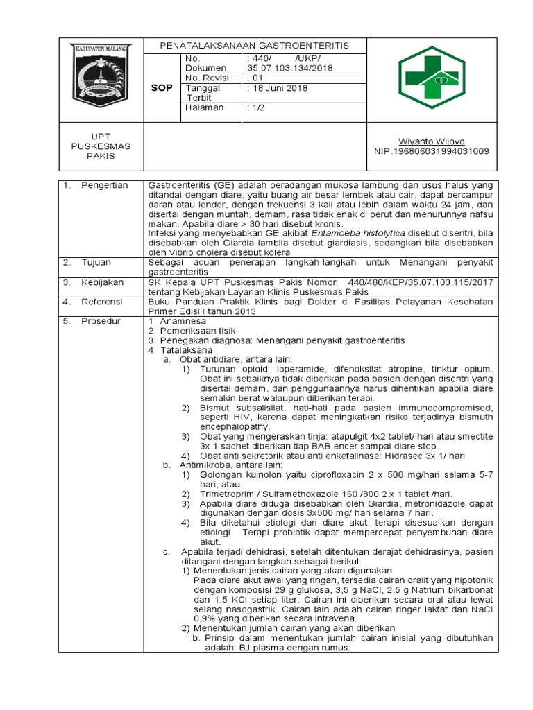 SOP GASTROENTERITIS (Termasuk Disentri, Kolera Dan Giardiasis) . | PDF
