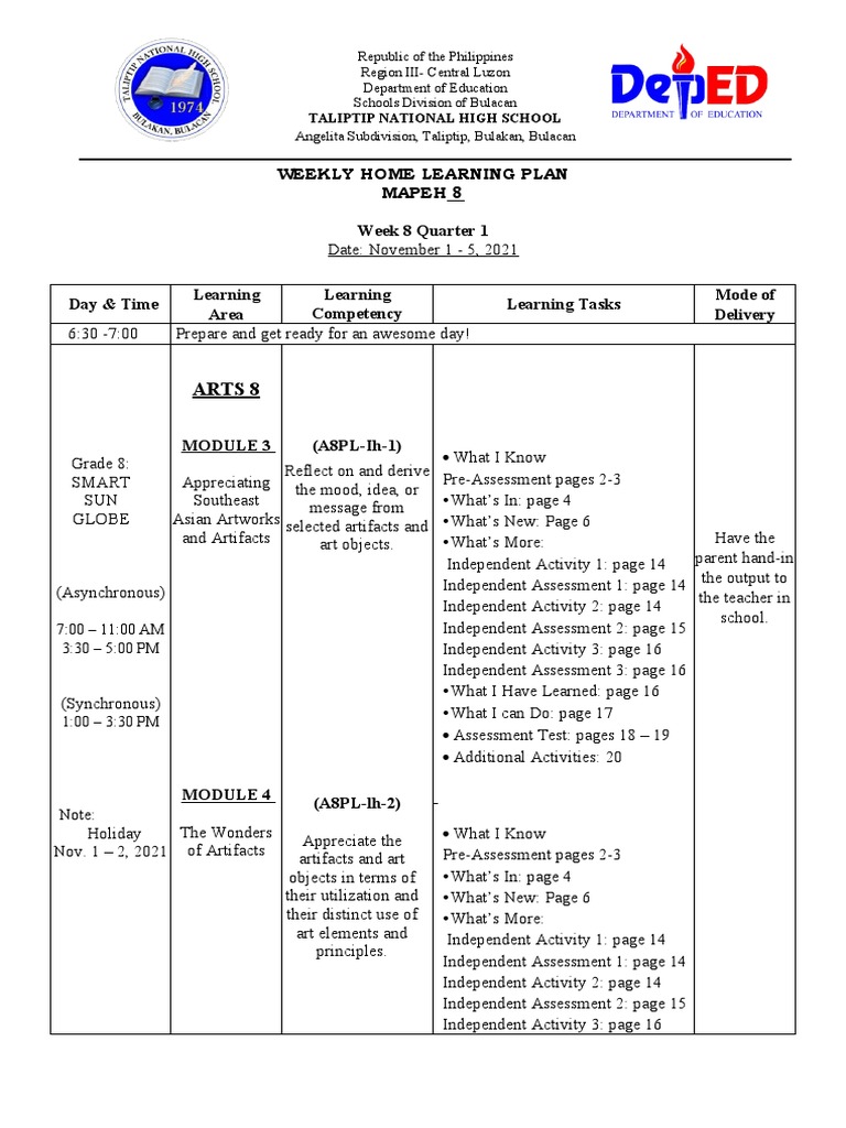 Arts 8: Weekly Home Learning Plan Mapeh 8 Week 8 Quarter 1 | PDF ...