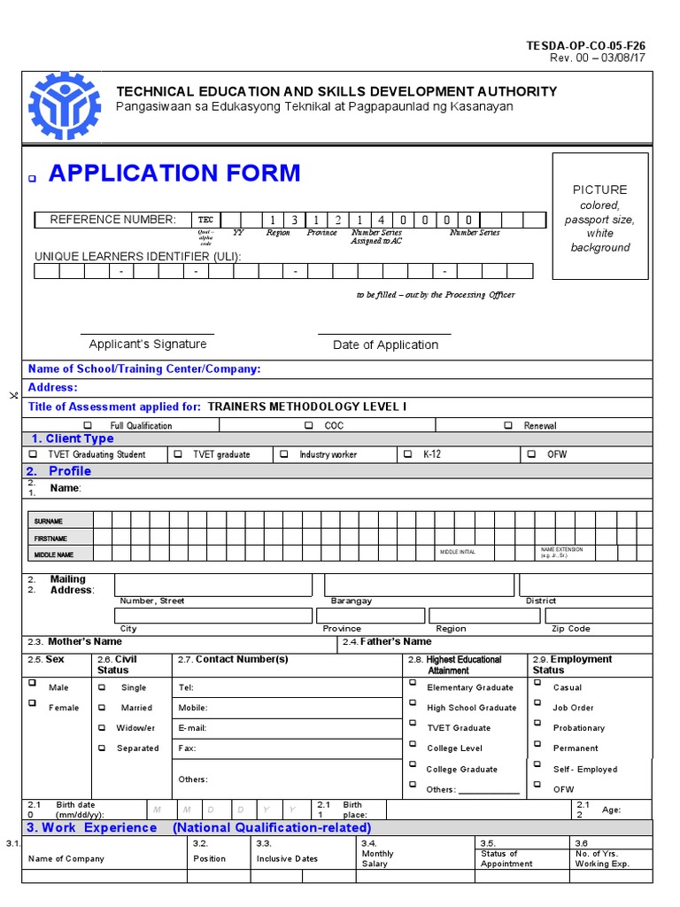 Application Form: Technical Education and Skills Development Authority ...