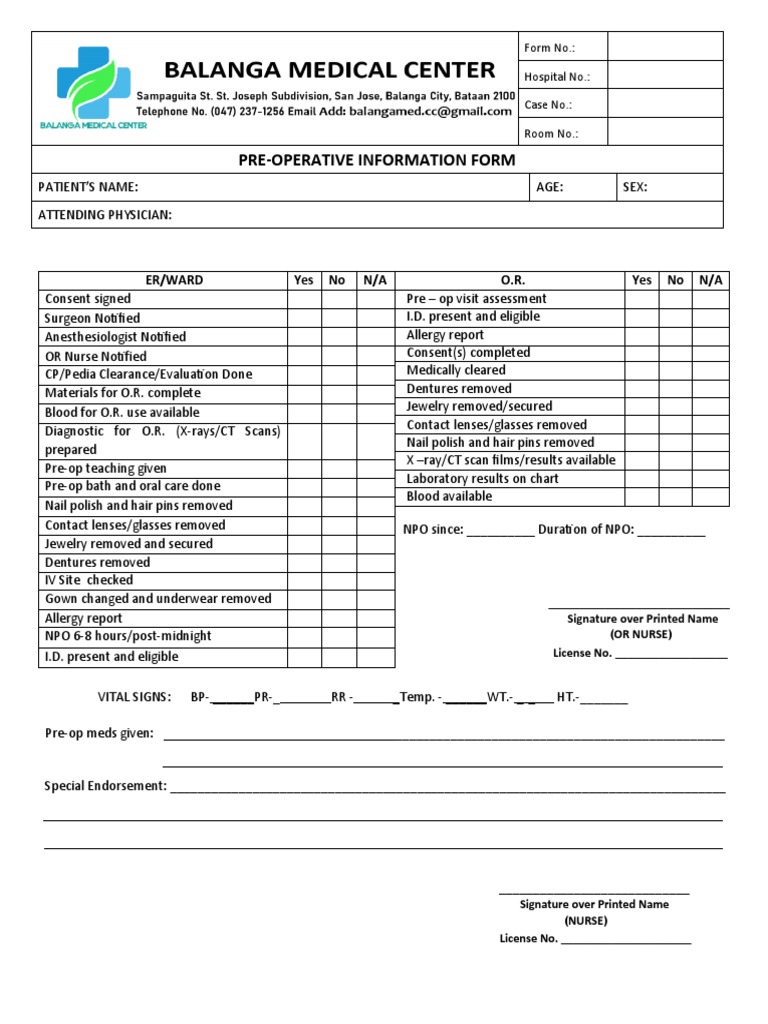 6 Pre-Operative Information Form | PDF | Health Care | Medicine