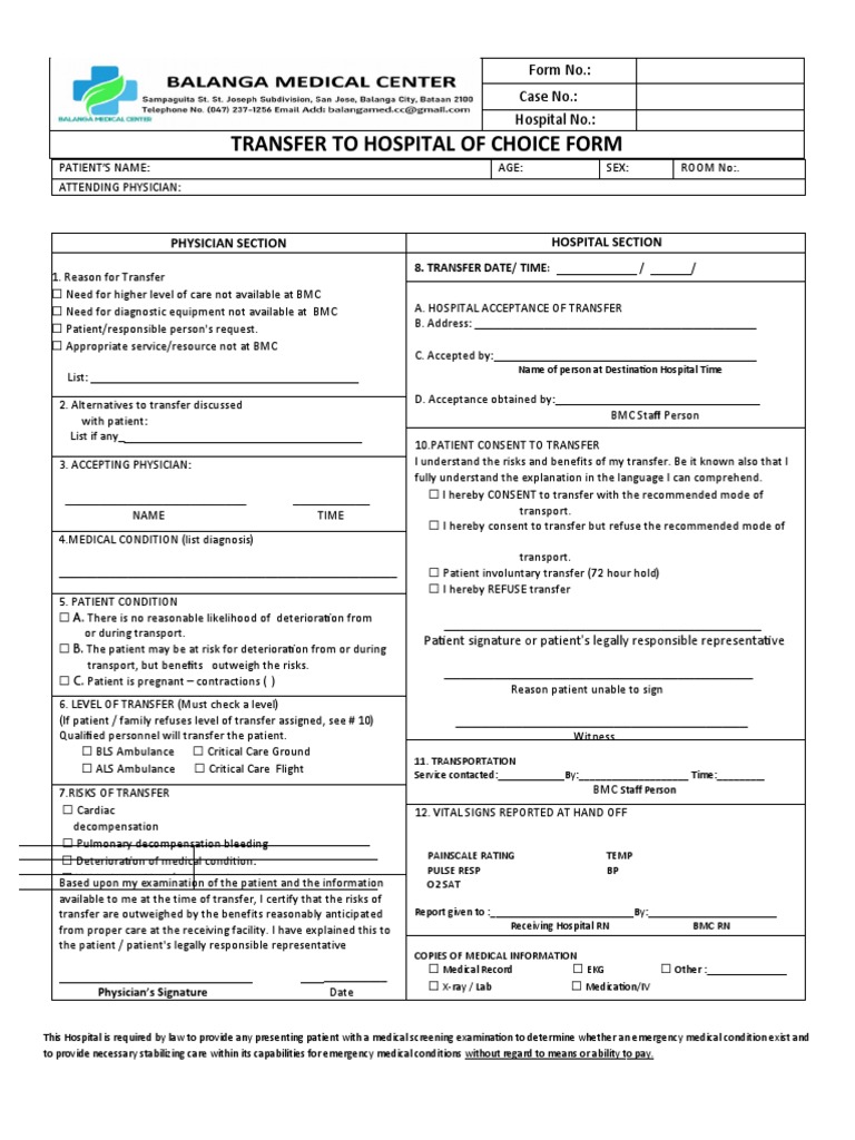 Transfer To Hospital of Choice Form: Physician Section Hospital Section ...