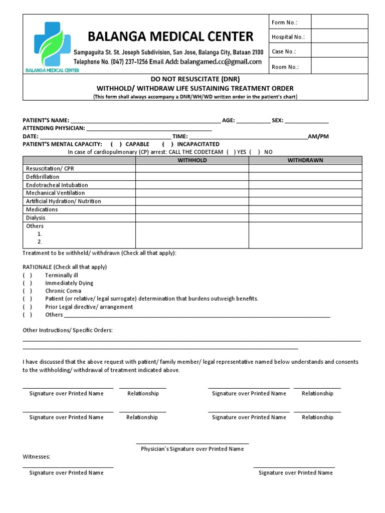 DNR Consent Form for Patients in Philippines | PDF | Medicine | Health ...
