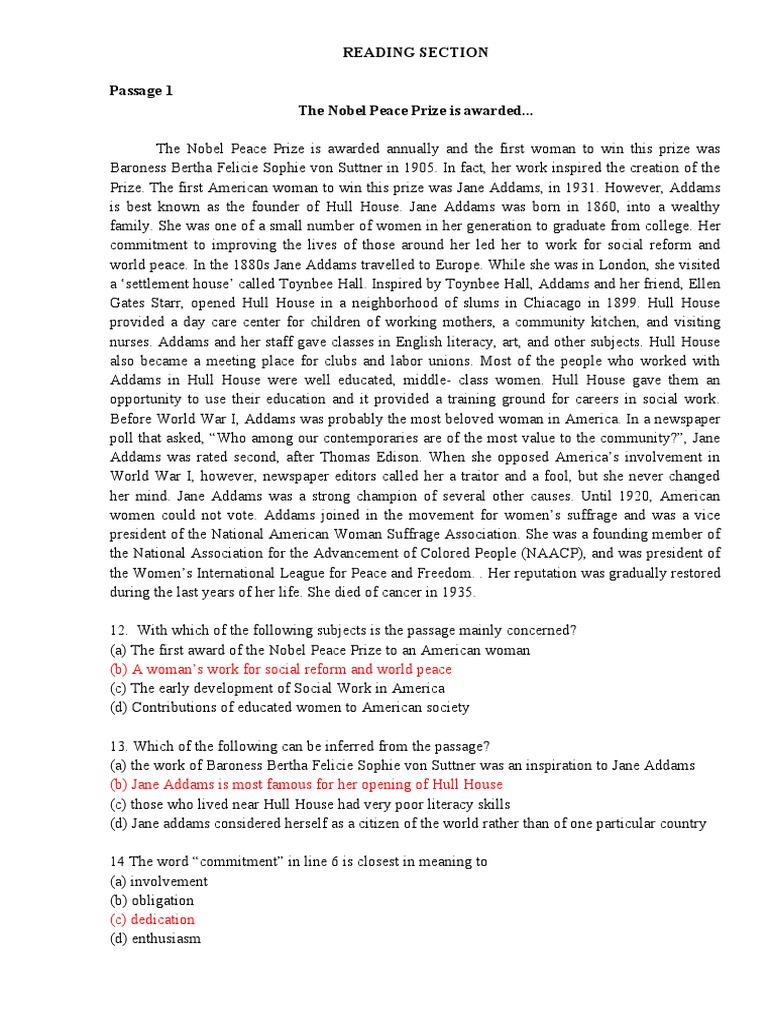 Reading Section Passage 1 The Nobel Peace Prize Is Awarded.. | PDF ...