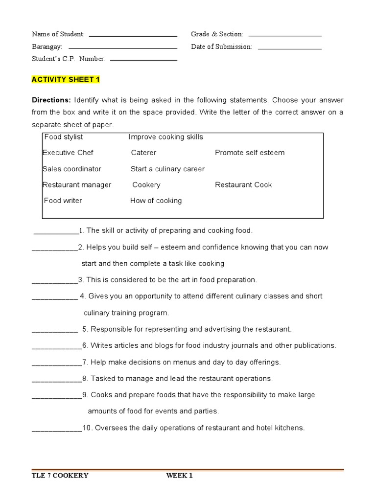 Activity Sheet 1 Directions:: Tle 7 Cookery Week 1 | PDF | Restaurants ...