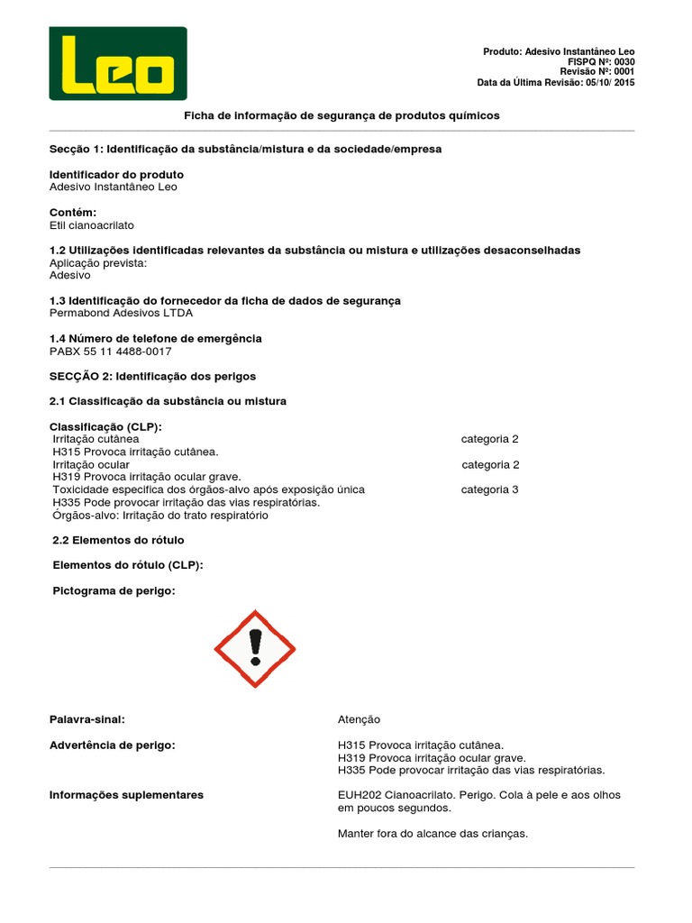 FISPQ - Adesivo Instantâneo Leo | PDF | Desperdício | Química