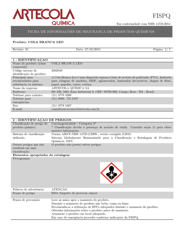 FISPQ - Cola Branca Da Leo PVA Extra | PDF | Temperatura | Embalagem e rotulagem