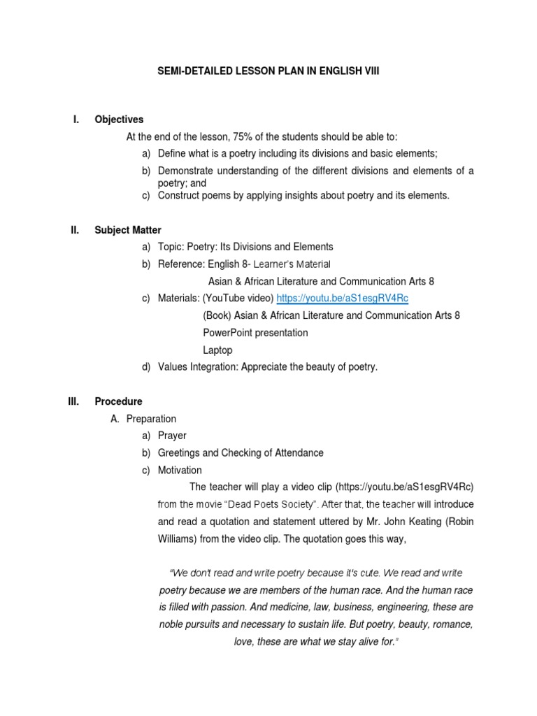 Grade 8 Poetry Lesson Plan | PDF | Poetry