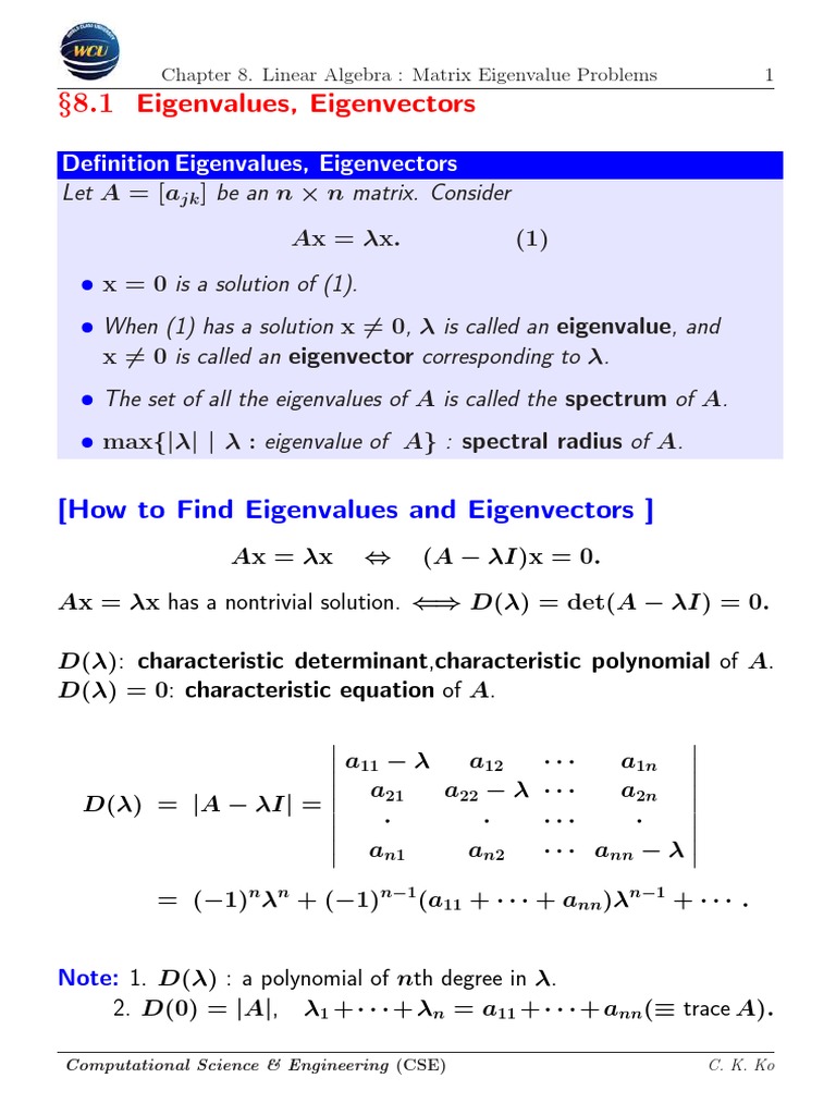 Ch.8 Linear Algebra | PDF | Eigenvalues And Eigenvectors | Matrix ...