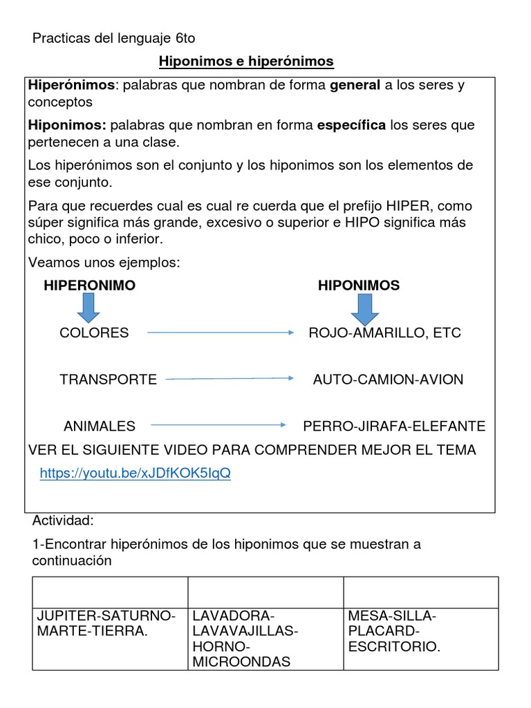 Practicas Del Lenguaje 6toHIPERN-HIPONIM | PDF
