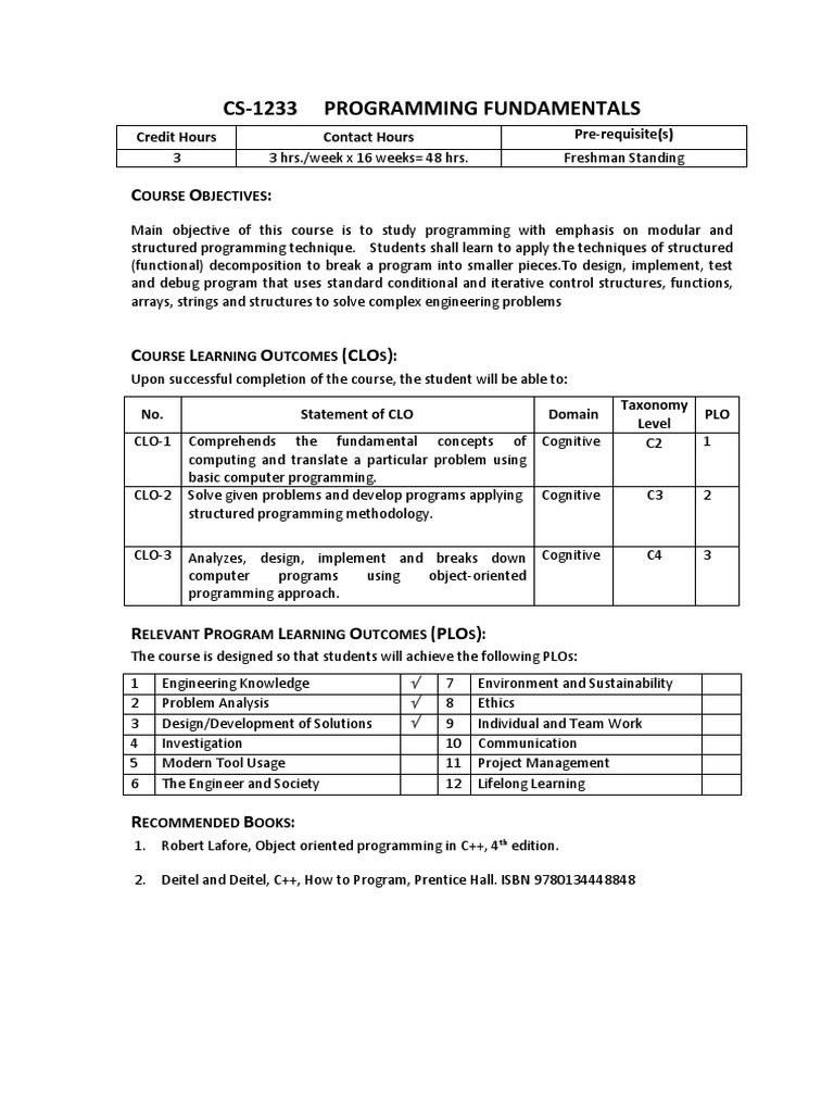Programming Fundamentals Course Description | PDF | Class (Computer ...