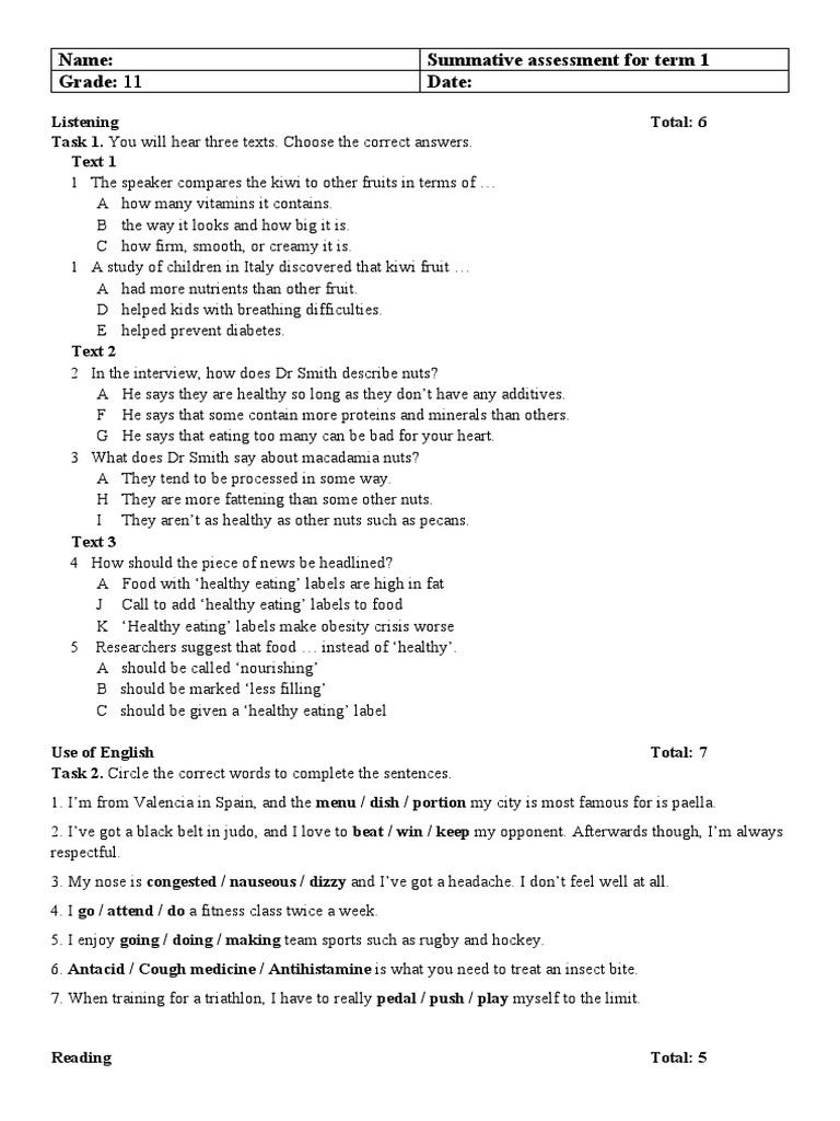 Grade 11 Term 1 Summative Assessment | PDF | Sleep | Healthy Diet