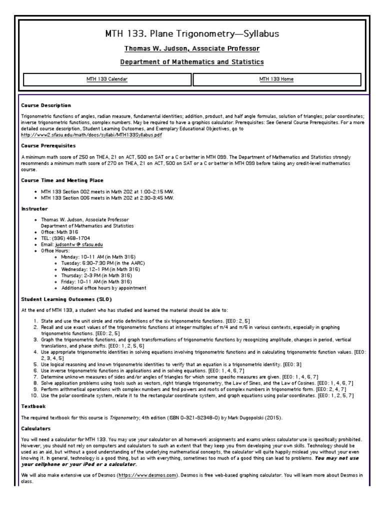 MTH 133. Plane Trigonometry-Syllabus MTH 133. Plane Trigonometry ...