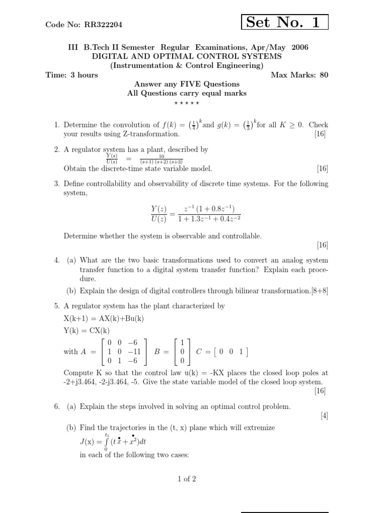 rr322204 Digital and Optimal Control Systems | PDF | Discrete Time And Continuous Time | Control ...