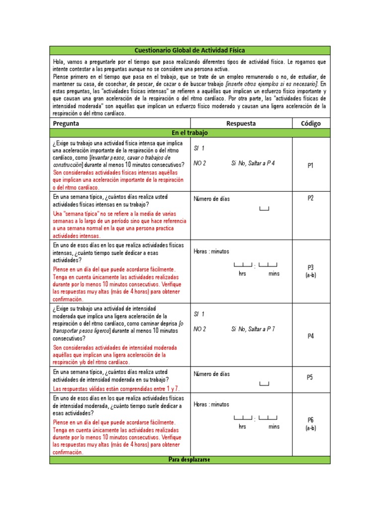 Cuestionario GPAQ de Actividad Física | PDF | Cuestionario | Aptitud física
