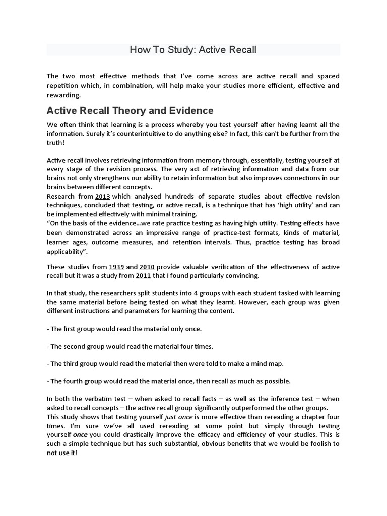 Active Recall Theory and Evidence | PDF | Recall (Memory) | Learning