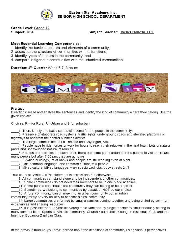 Eastern Star Academy, Inc. Senior High School Department: Pre-Test ...