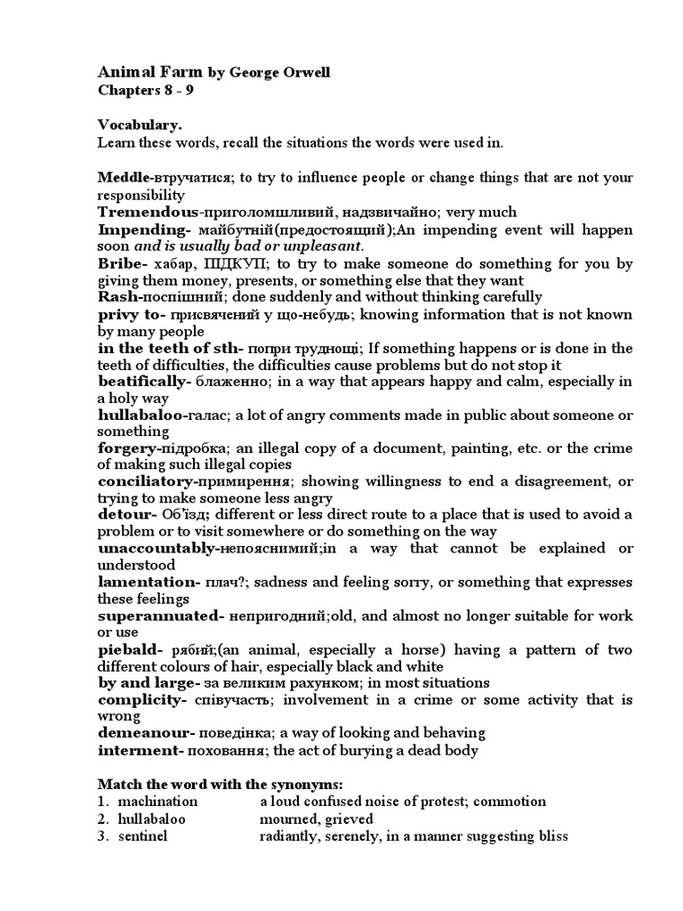Animal Farm: by George Orwell Chapters 8 - 9 Vocabulary | PDF
