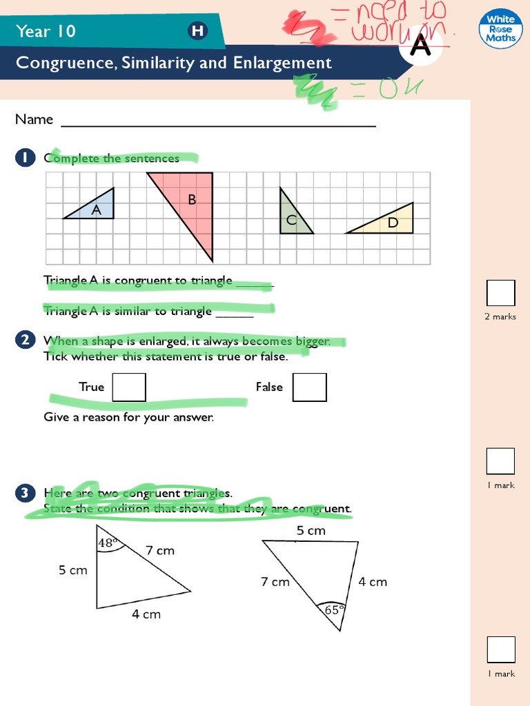 Congruence, Similarity and Enlargement Year 10: 2 Marks | Download Free ...