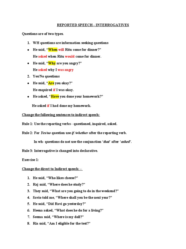 REPORTED SPEECH - Interrogative and Exclamatory | PDF | Question ...