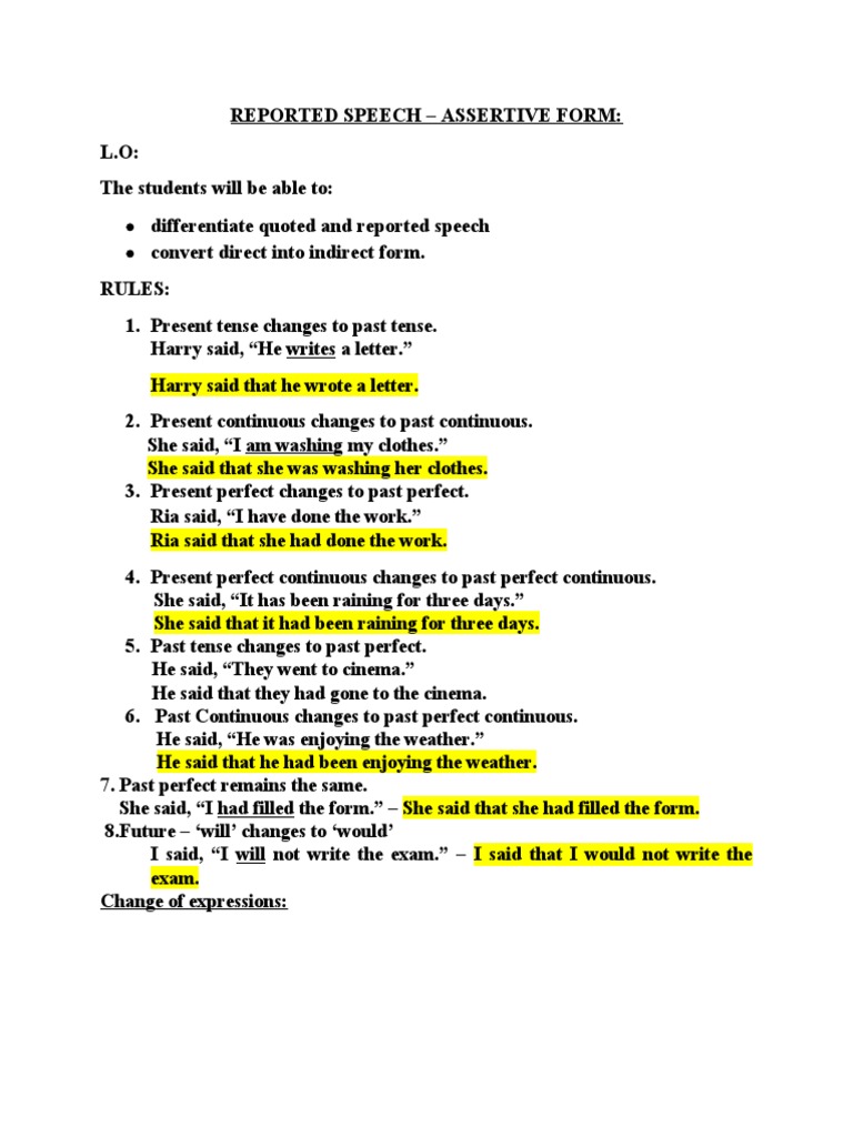 GR 7 - REPORTED SPEECH Assertive Worksheet | PDF | Linguistics | Grammar