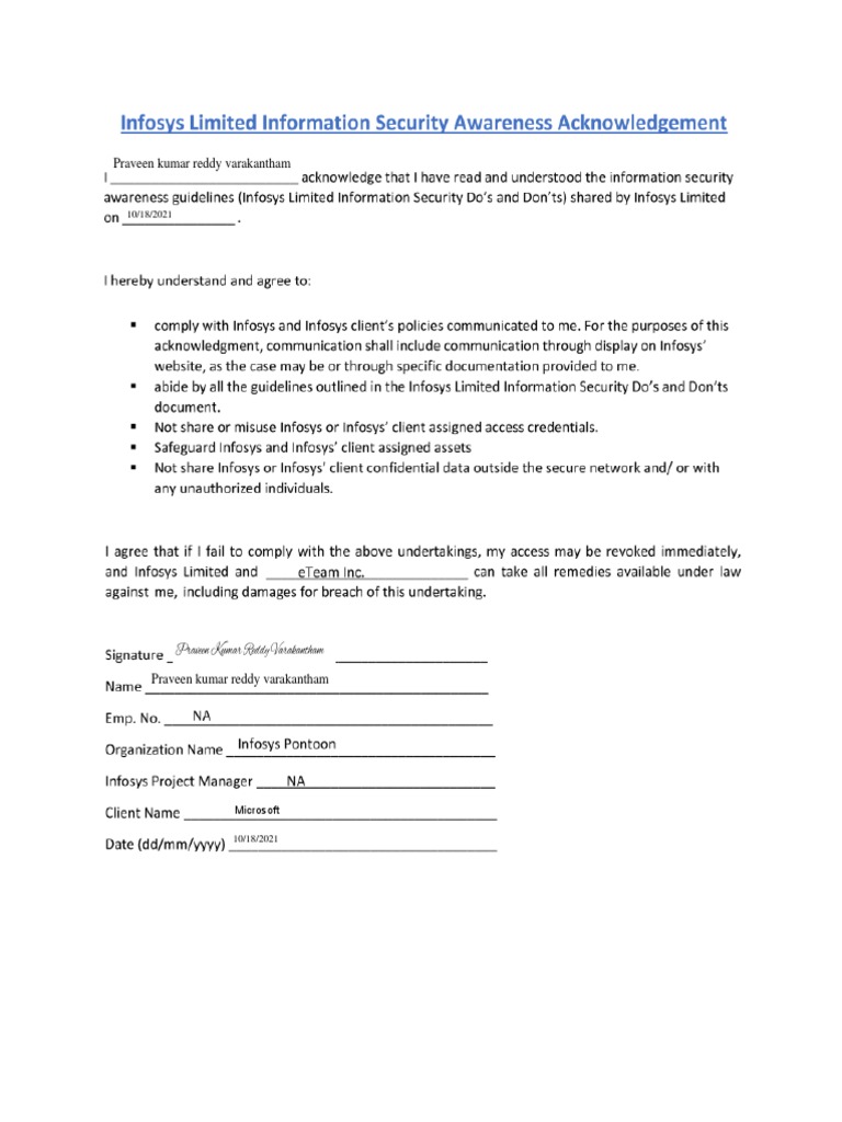 Security Awareness Attestation Form - Infosys | PDF