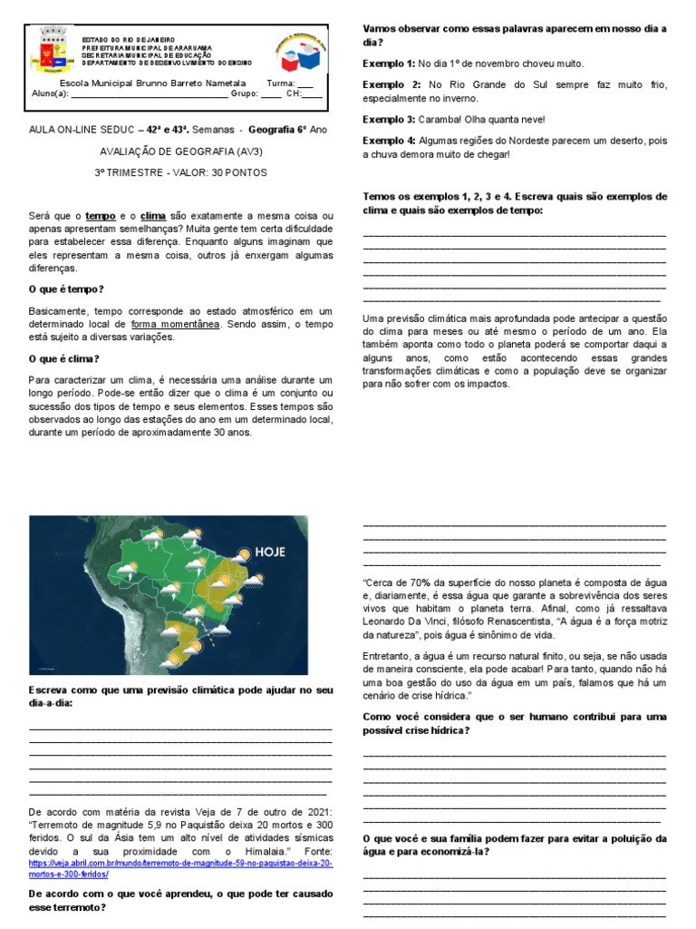 AV3 6 Ano - Geografia - 3º Trimestre | PDF | Clima | Tempo