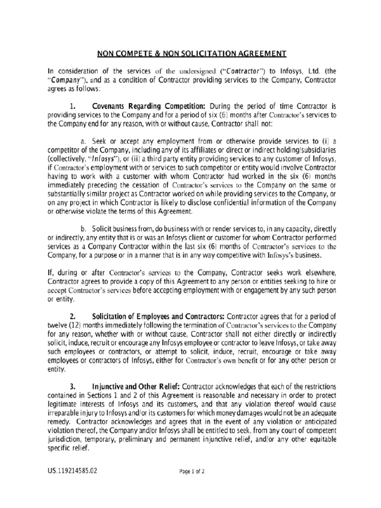 Non Compete & Non Solicitation Agreement - Infosys | PDF