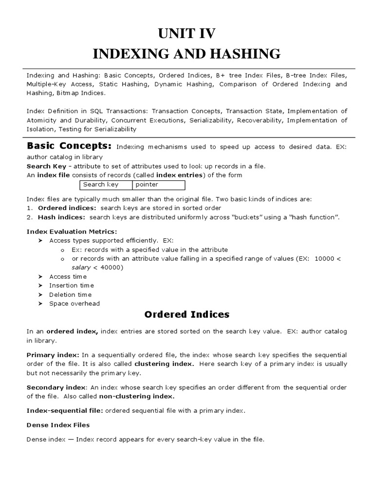 Unit Iv Indexing and Hashing: Basic Concepts | PDF | Database Index | Database Transaction