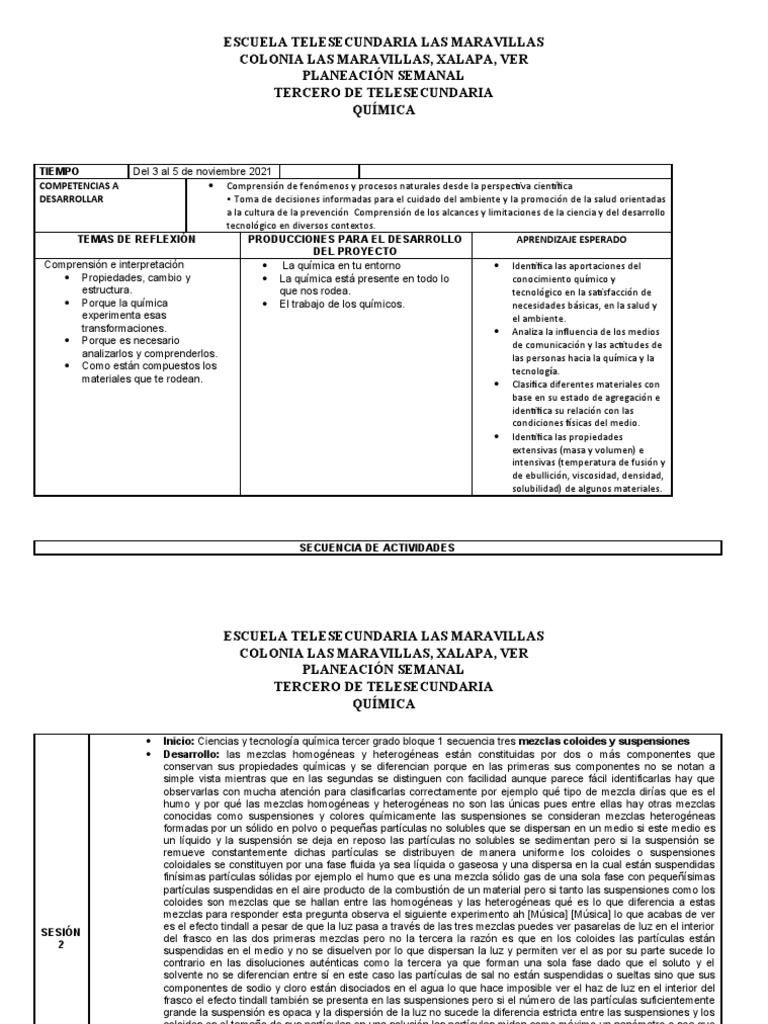 Planificación semanal de Química para Tercer Grado de Telesecundaria ...