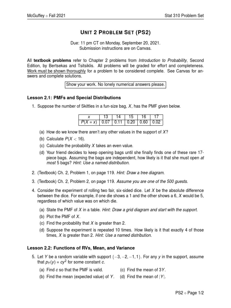 Unit 2 Problem Set | Download Free PDF | Variance | Expected Value