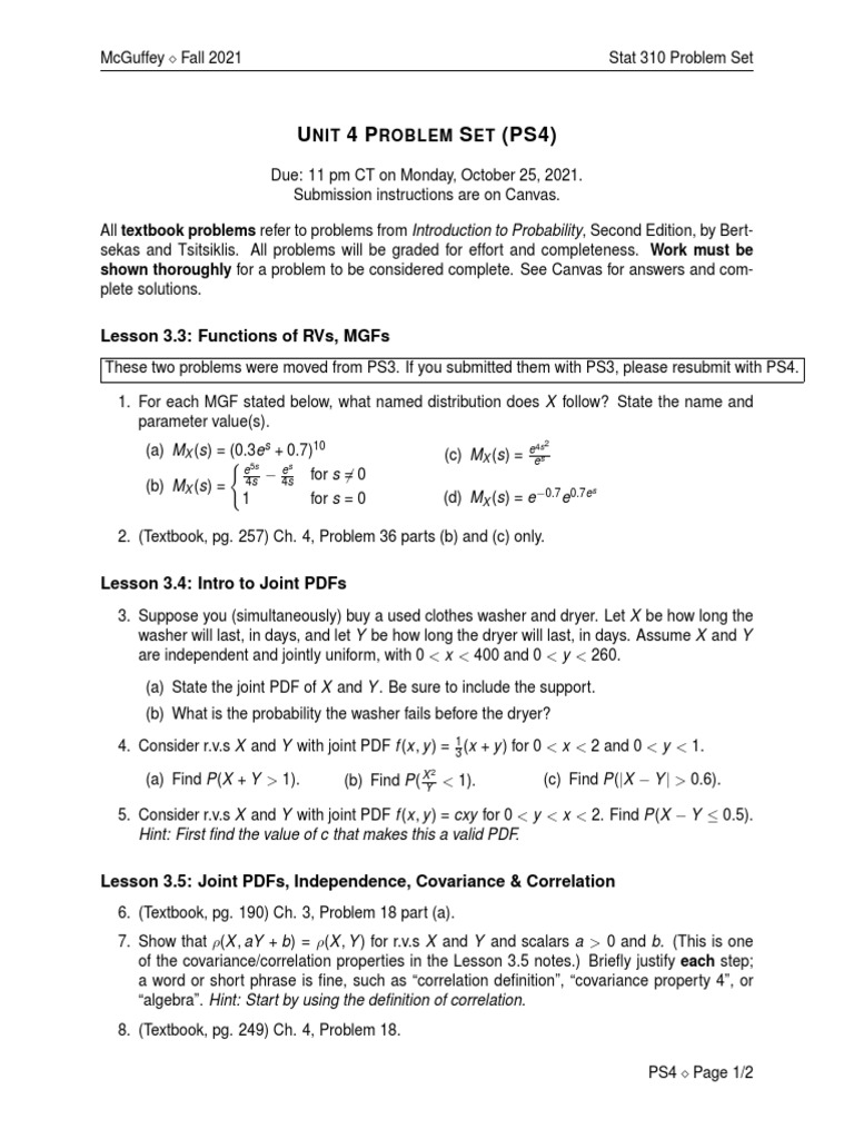 Unit 4 Problem Set | Download Free PDF | Mean | Probability Density Function