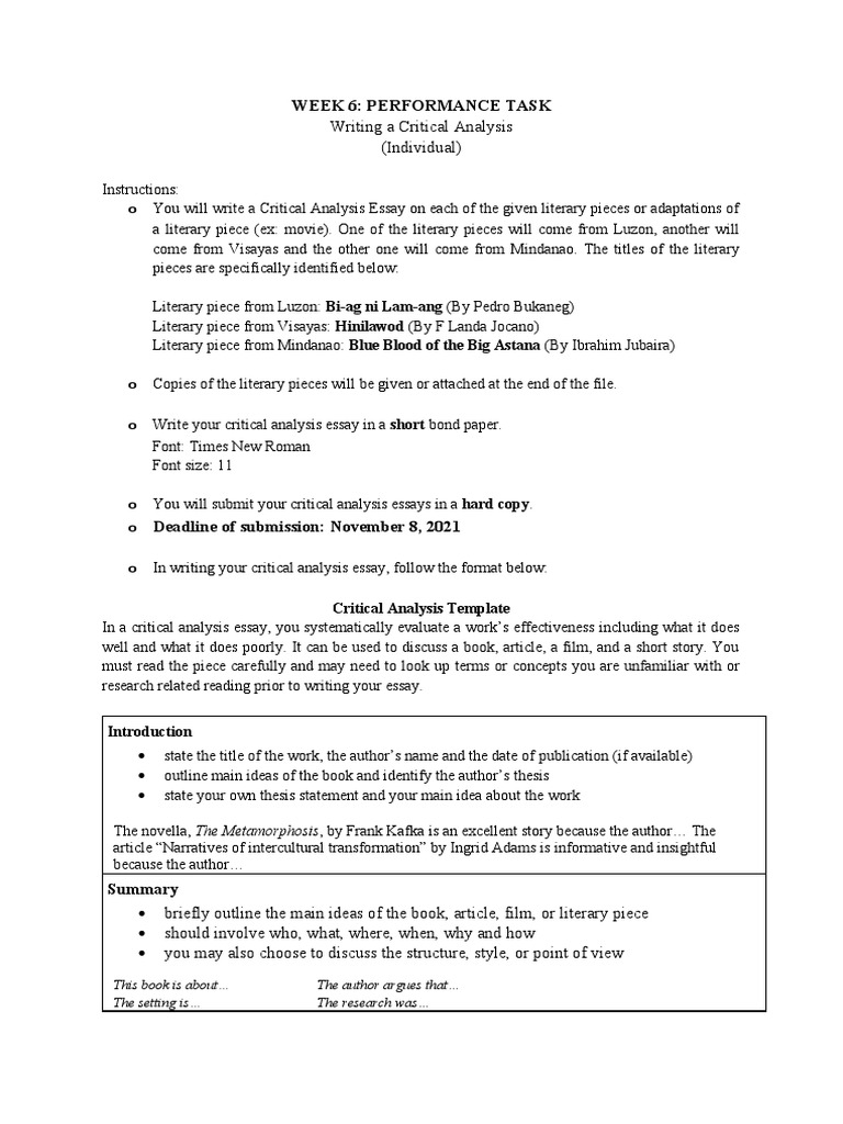 Week 6: Performance Task: Critical Analysis Template | PDF | Essays ...
