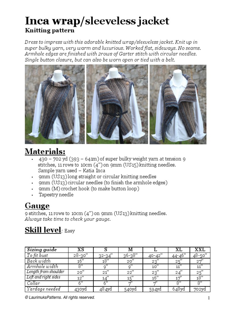 Inca Wrap: Sleeveless Jacket | PDF | Knitting | Knitting Needle