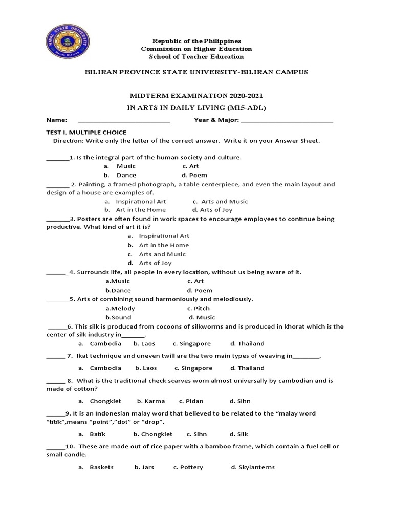 MIDTERM EXAM in ADL | PDF | Weaving | Textiles