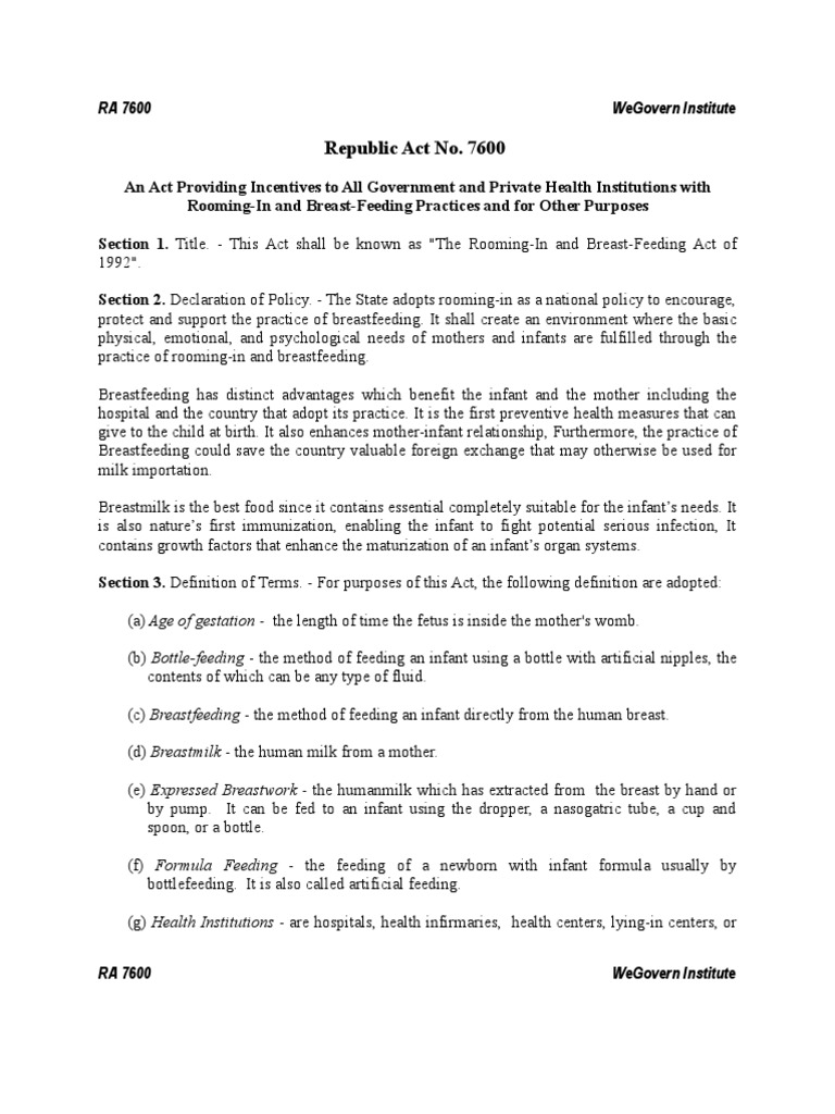 Rooming-In and Breastfeeding Act 1992 | PDF | Breastfeeding | Breast Milk