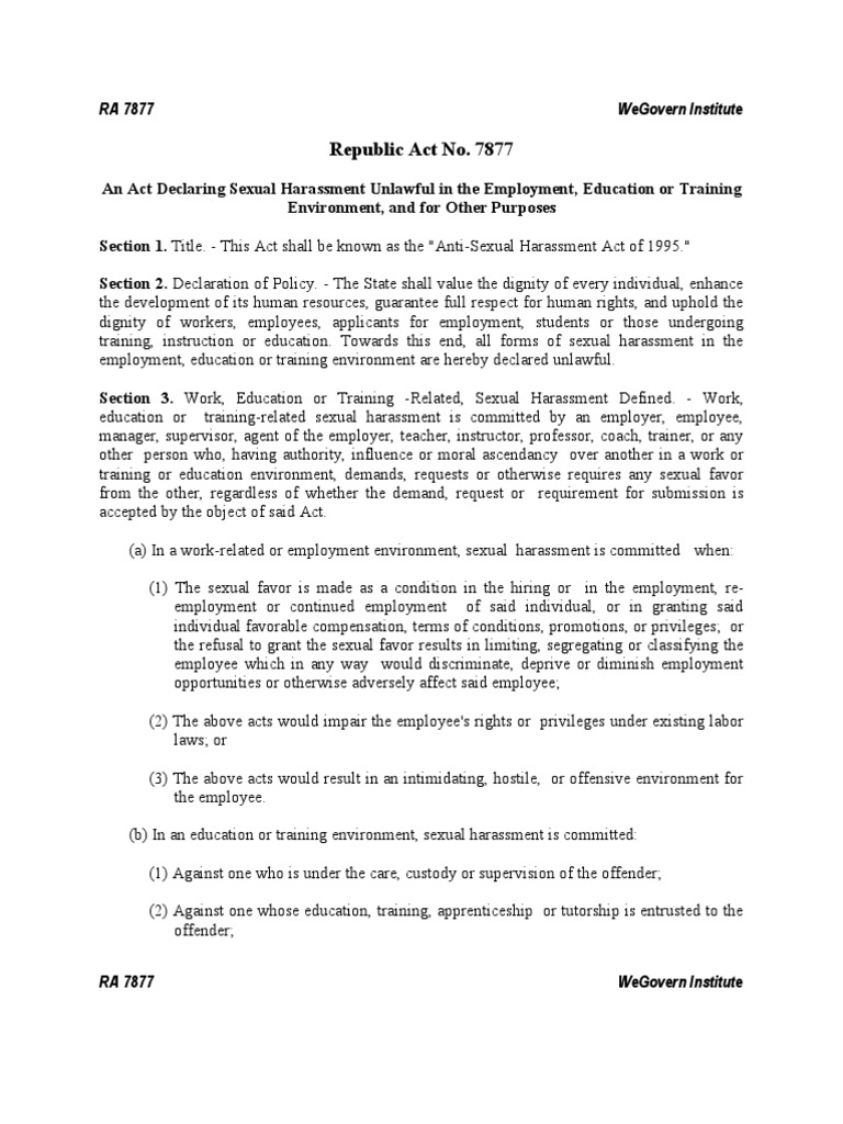 Ra 7877 | PDF | Sexual Harassment | Employment