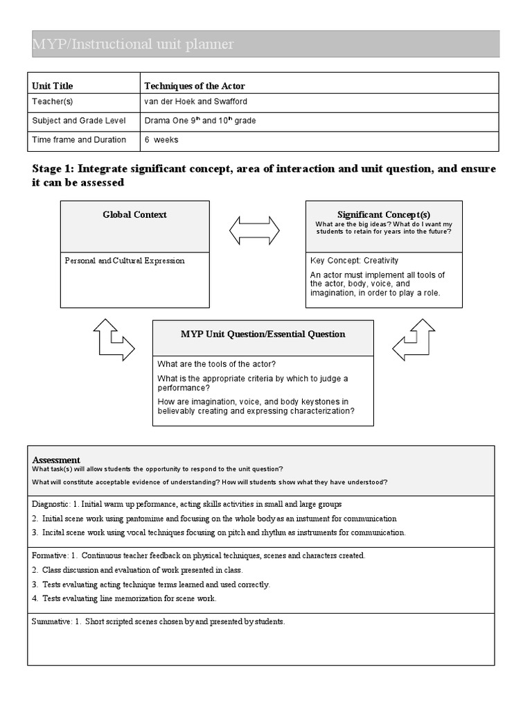 MYP Drama Unit Planner: Actor Techniques | PDF | Educational Assessment ...