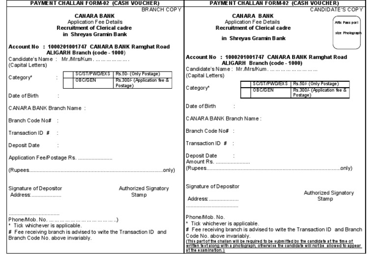 Canara Bank Payment Challan Form | PDF | Rupee | Deposit Account