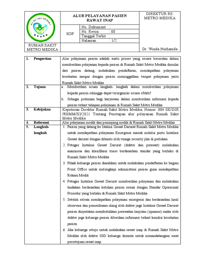 Sop Alur Pasien Ranap Masuk RSMM | PDF