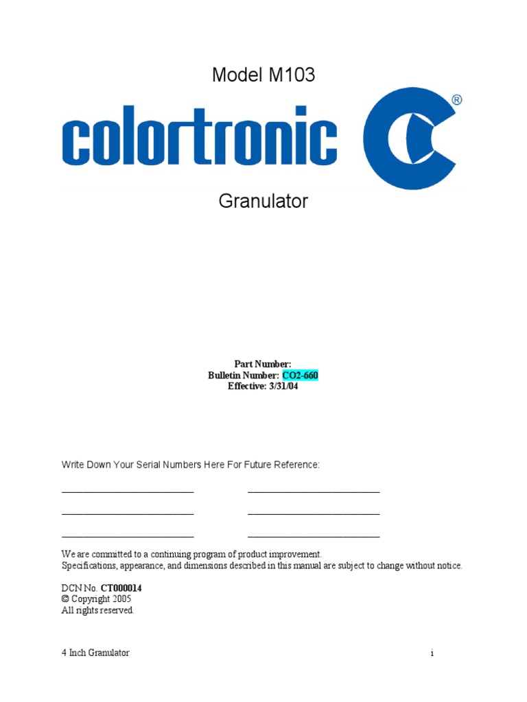 Colortronic Granulator Model M103 | PDF | Knife | Screw