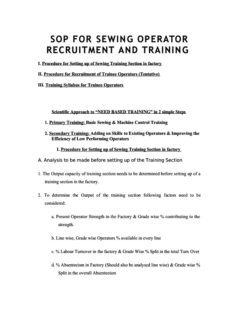 Sop For Sewing Operator Recruitment and Training | PDF | Sewing Machine ...