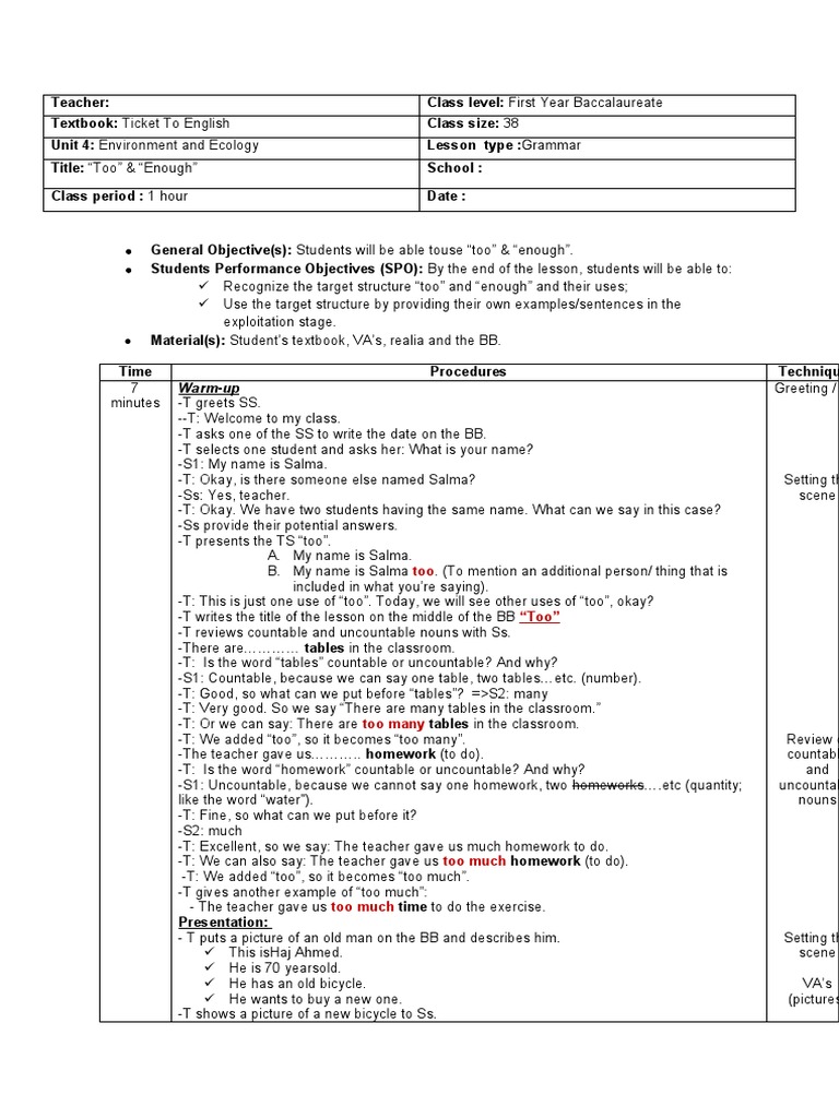 10unit 4 Grammar Too & Enough Grammar 1st Year BAC | PDF | Linguistics