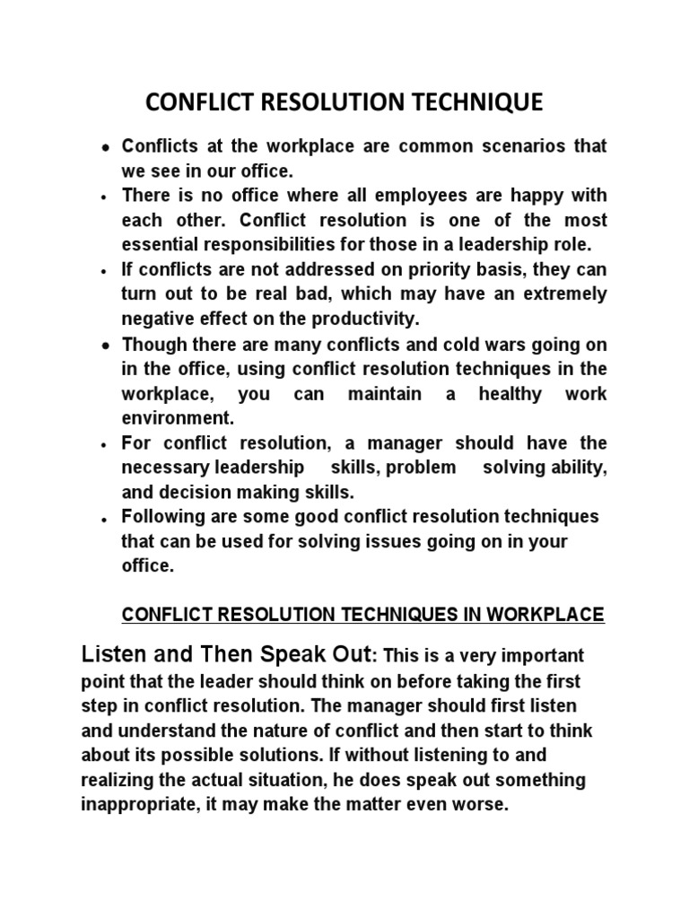 Conflict Resolution Technique | PDF | Conflict Resolution | Leadership