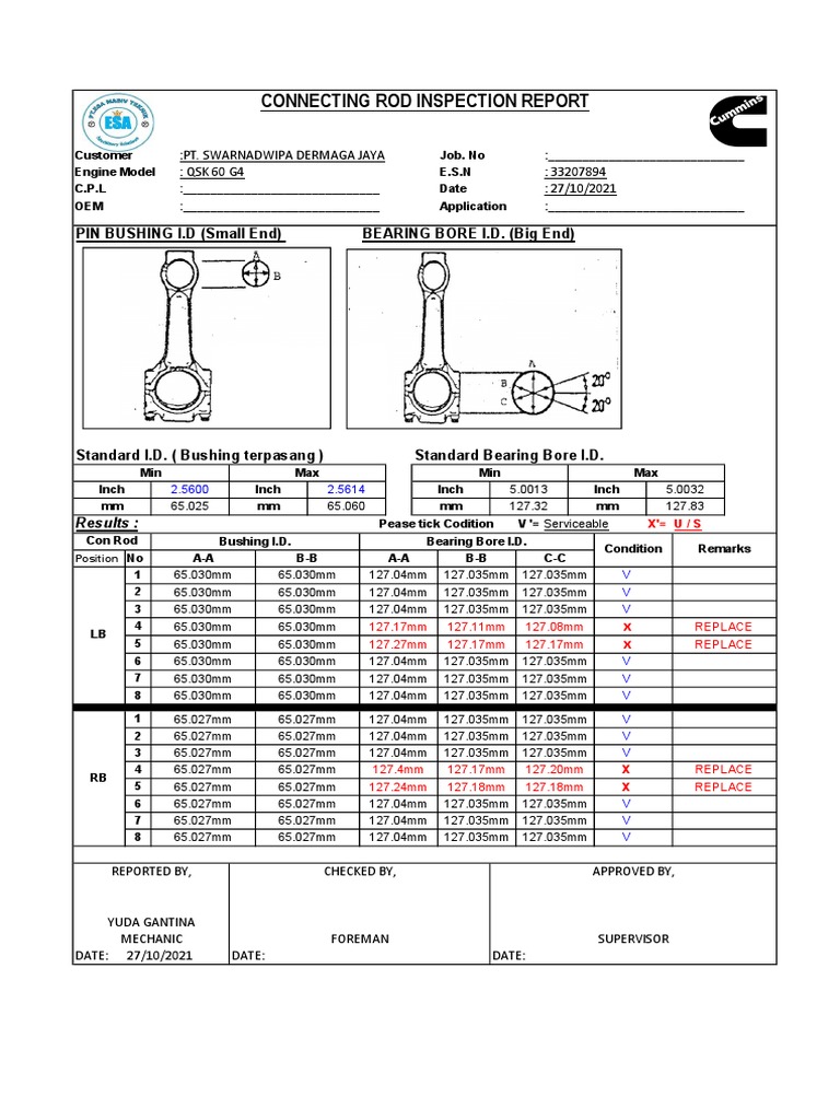 Conrod Measurement QSK 60 SDJ | PDF | Mechanical Engineering ...