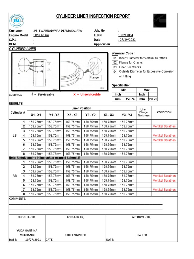 Cylinder Liner Inspection Report | PDF | Mechanical Engineering Cylinder Liner Inspection Report | PDF | Mechanical Engineering