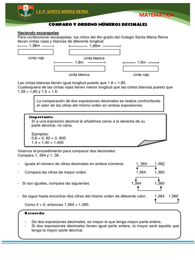 Comparando y ordenando números decimales | PDF