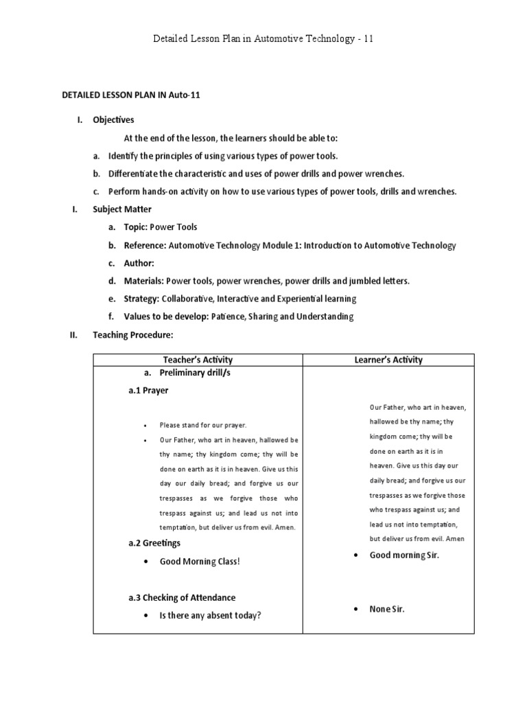 Detailed Lesson Plan in Automotive Technology - 11 | PDF | Tools ...