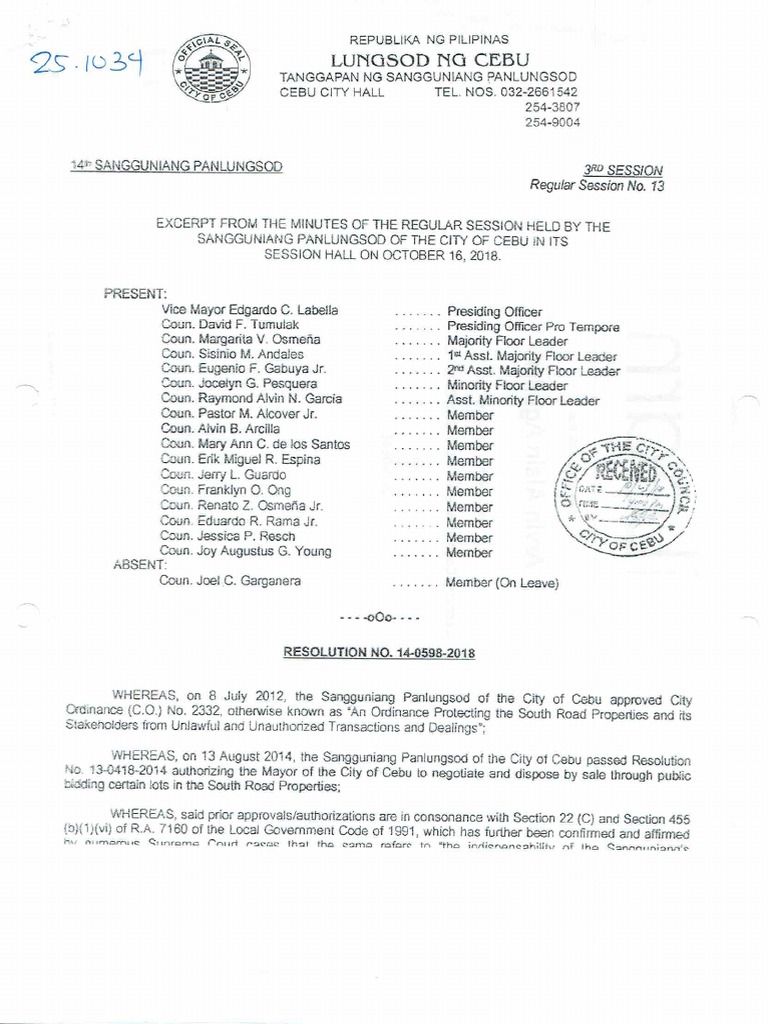 Sanggunian Panlunsod Resolution No. 14-0598-2018 | PDF