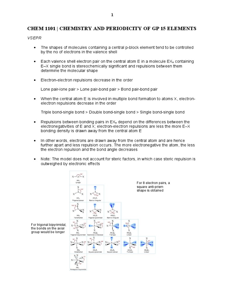 Chem 1101 - Chemistry and Periodicity of GP 15 Elements: Vsepr | PDF ...