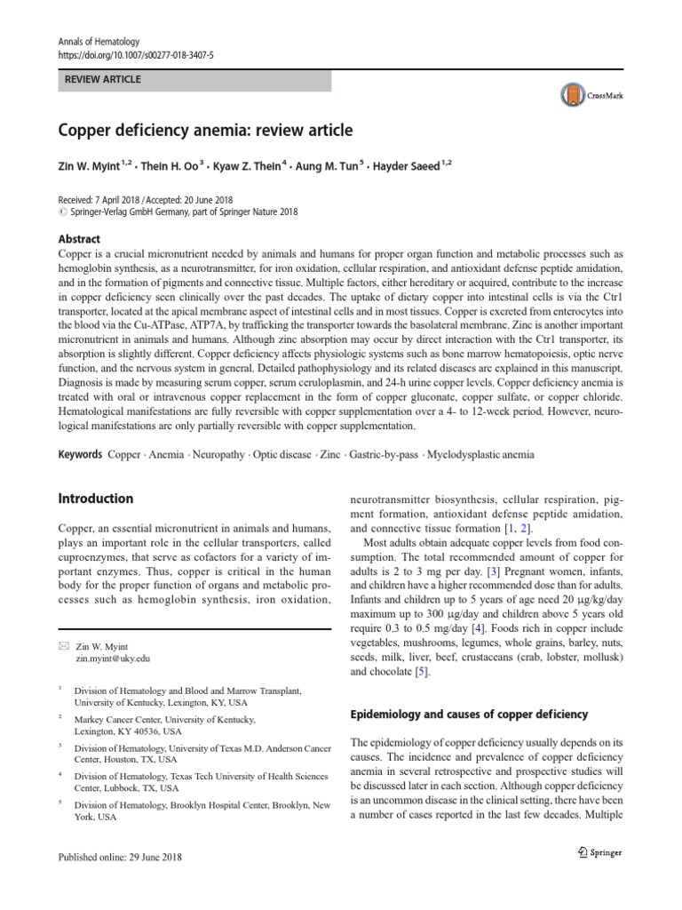 Copper Deficiency Anemia: Review Article | Download Free PDF | Anemia ...